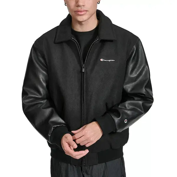 Men's Mixed-Media Logo Zip Varsity Jacket – DiscountStore