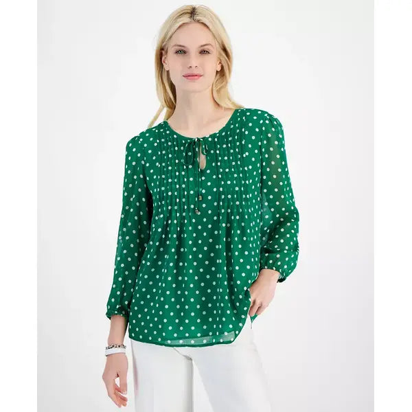 Macy's Women's Pintuck-Pleat Polka Dot Blouse-Green – DiscountStore