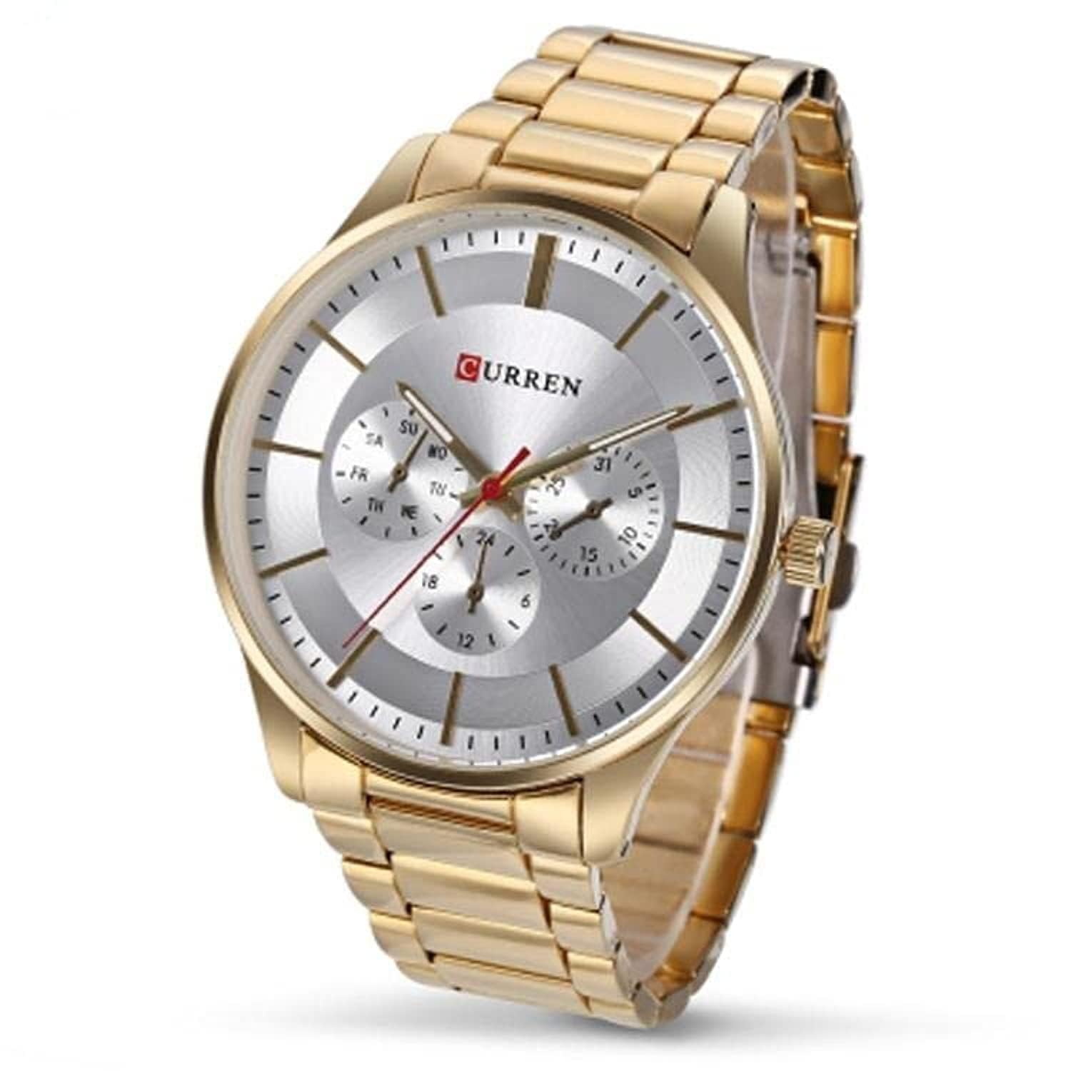 CURREN Men's analog watch gold stainless steel case white dial gold st ...