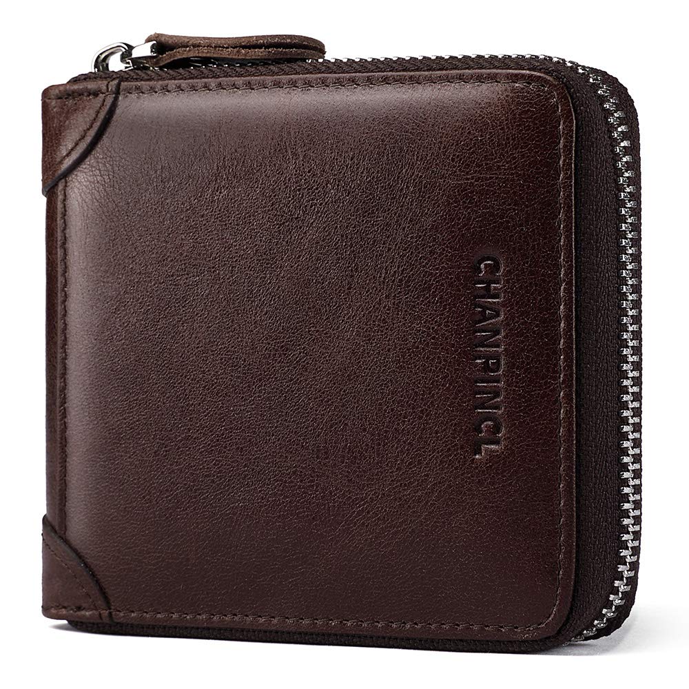 MANBANG Mens Genuine Leather Zipper Wallet RFID Secure Large Capacity ...