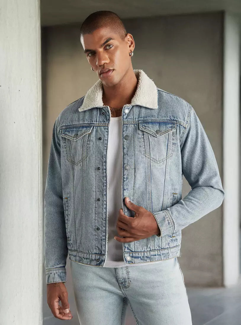 Plain Denim Borg Lined Trucker Jacket - Blue – DiscountStore