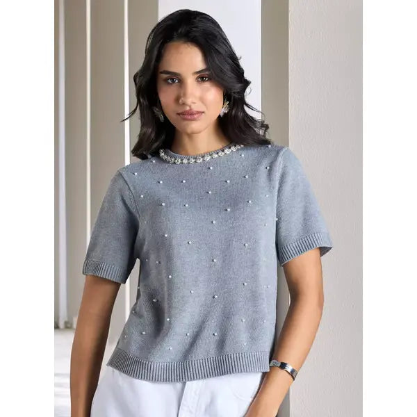Rhinestone Embellished Sweater Gray – DiscountStore